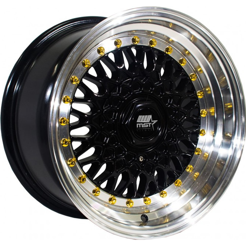 MST MT13 15x8 +20mm Black with a Machined Lip and Gold Rivets – TFS Wheels