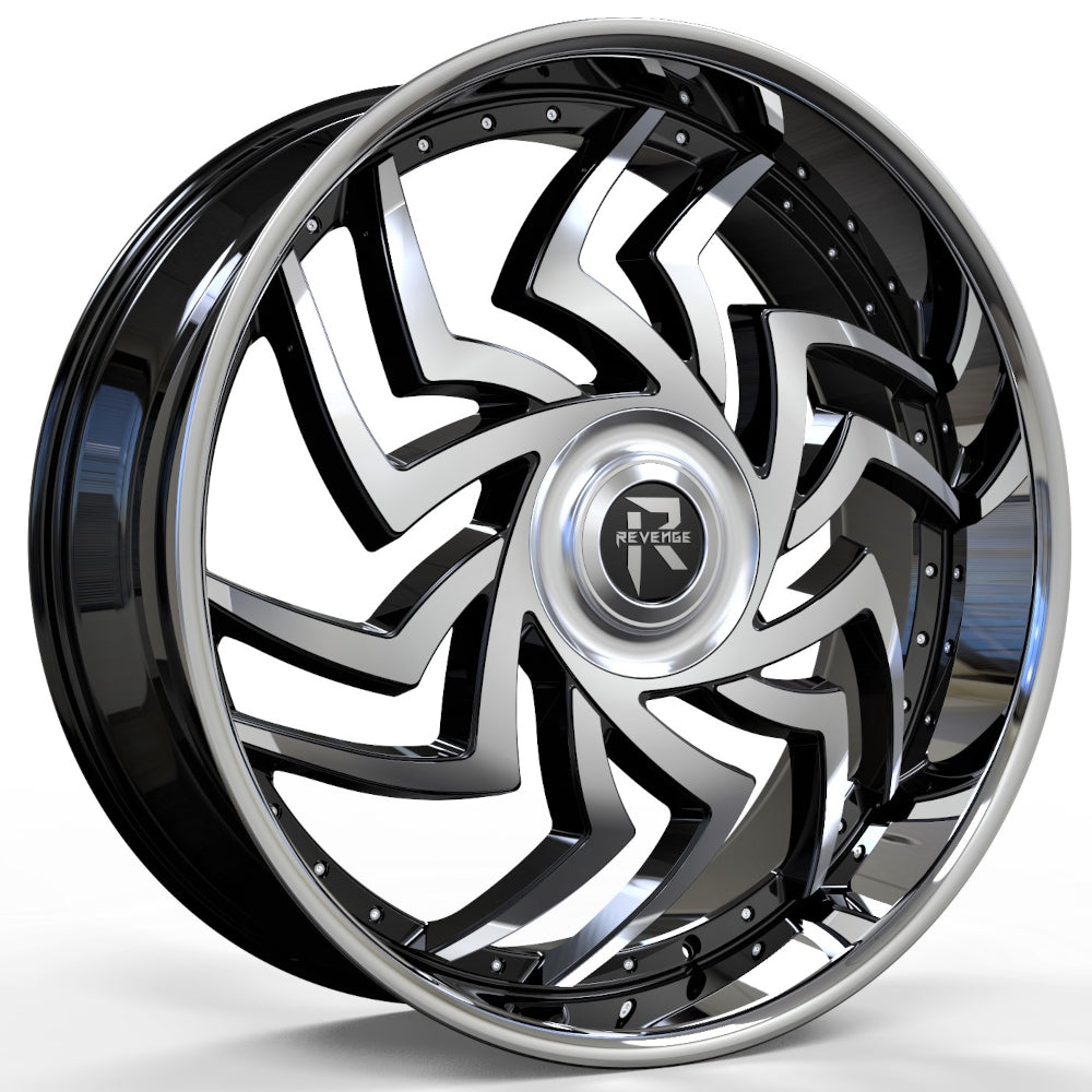 Revenge Luxury RL-107 26x9.5 +15mm Gloss Black with Machined Spoke ...