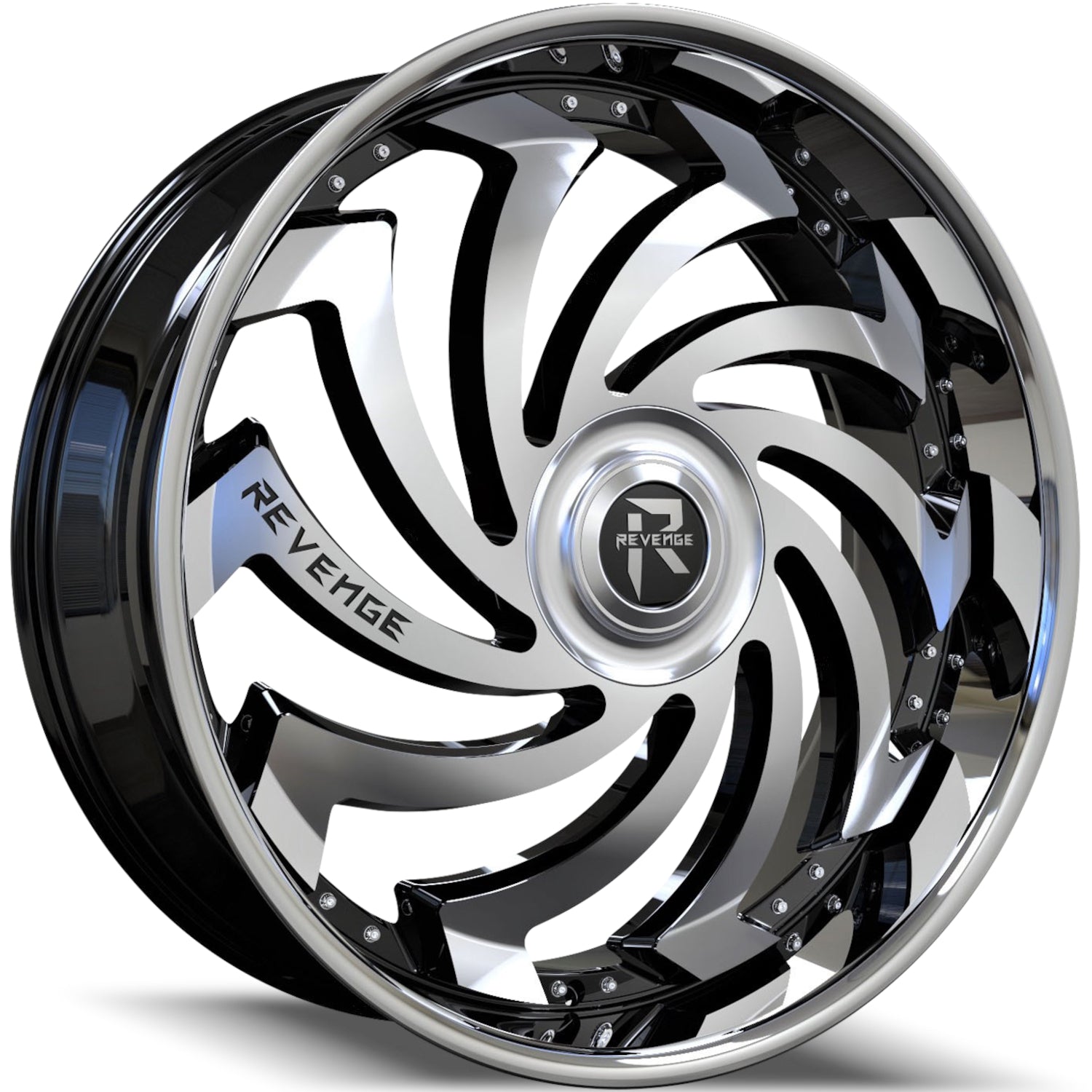 Revenge Luxury RL-108 28x9.5 +15mm Gloss Black with Machined Spoke ...